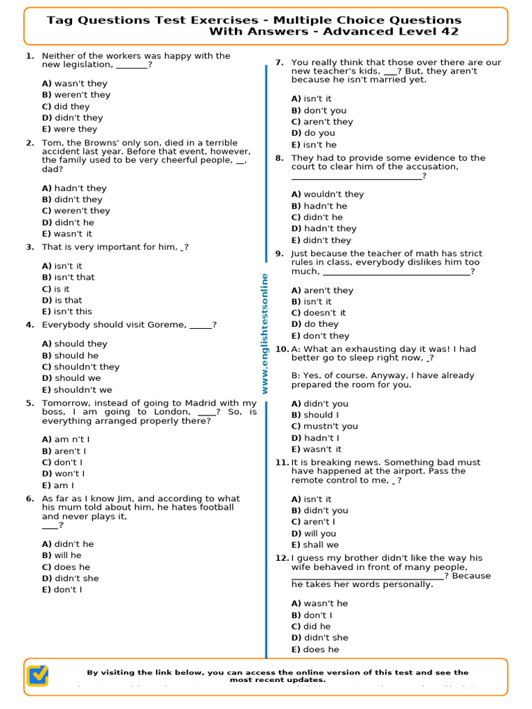 Tag Questions MCQ Test - Advanced Level | PDF | Multiple Choice