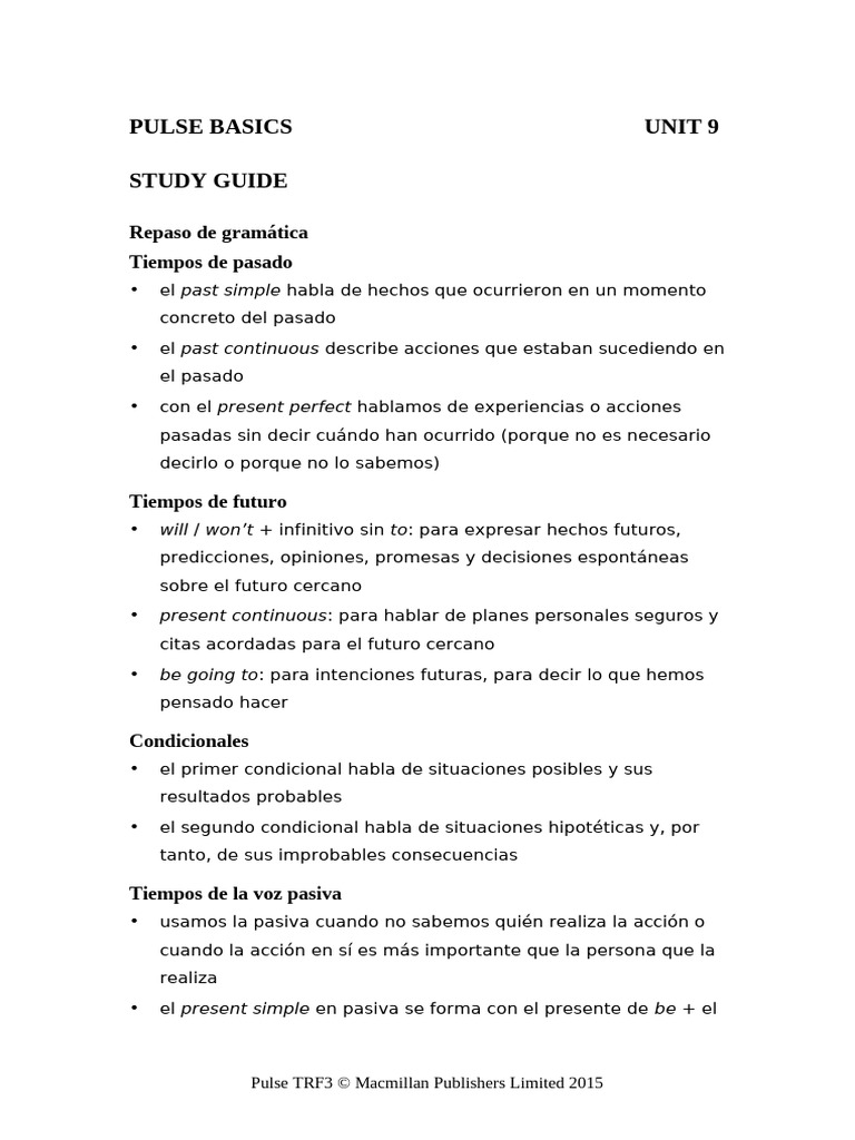 Pulse trf3 U9 Basics Study-Guide Cast | PDF | Mecánica del lenguaje | Unidades Semánticas
