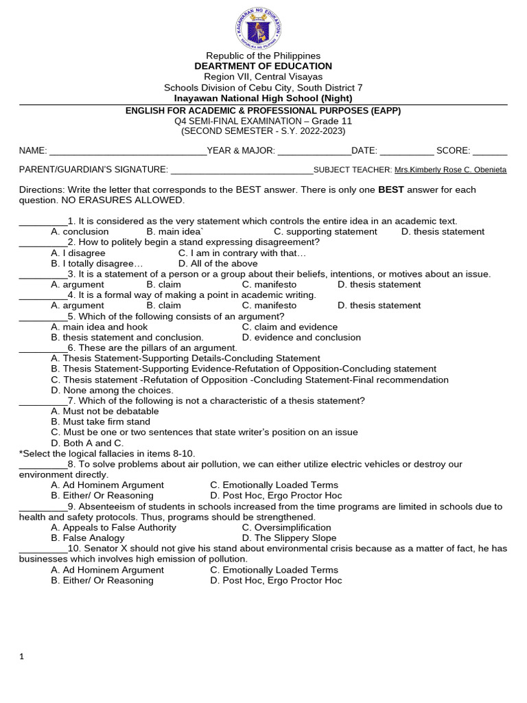 Eapp Finals Exam 2ND Sem 2022 2023 A4 Size | PDF | Argument | Questionnaire