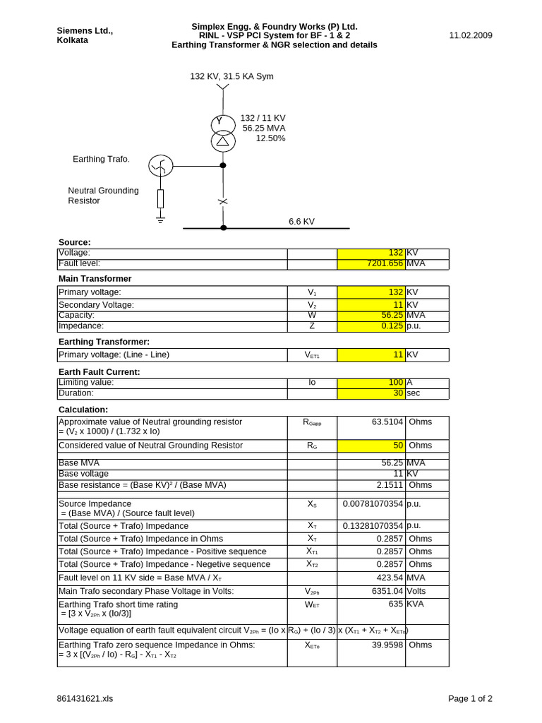 256626795 Earthing Trafo and NGR Calculation | PDF | Transformer | Electrical Impedance