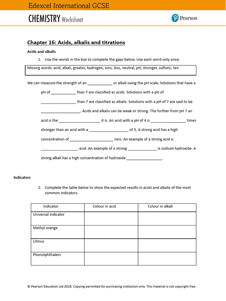 iGCSE - Chem - Worksheet 16 - Acids, Alkalis | PDF | Acid | Ph