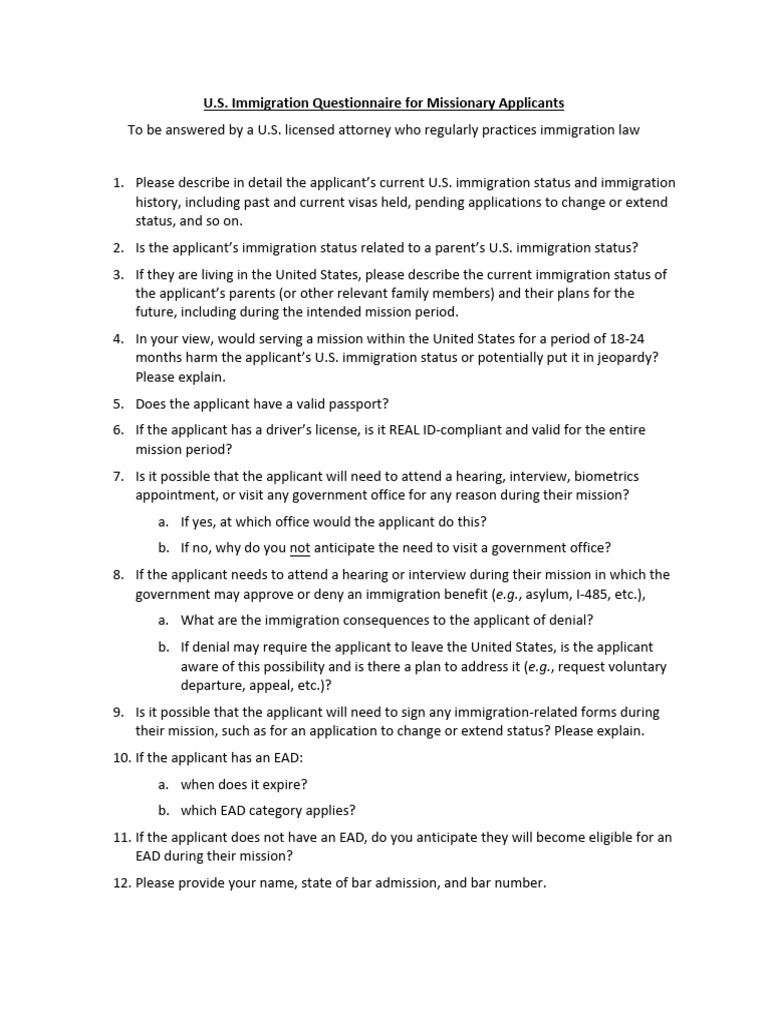 US Inmigration Questionaire For Missionary Applicants | PDF