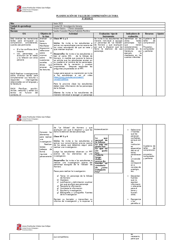 PLANIFICACIÓN JUNIO DE TALLER DE COMPRENSIÓN LECTORA 8vo | PDF ...