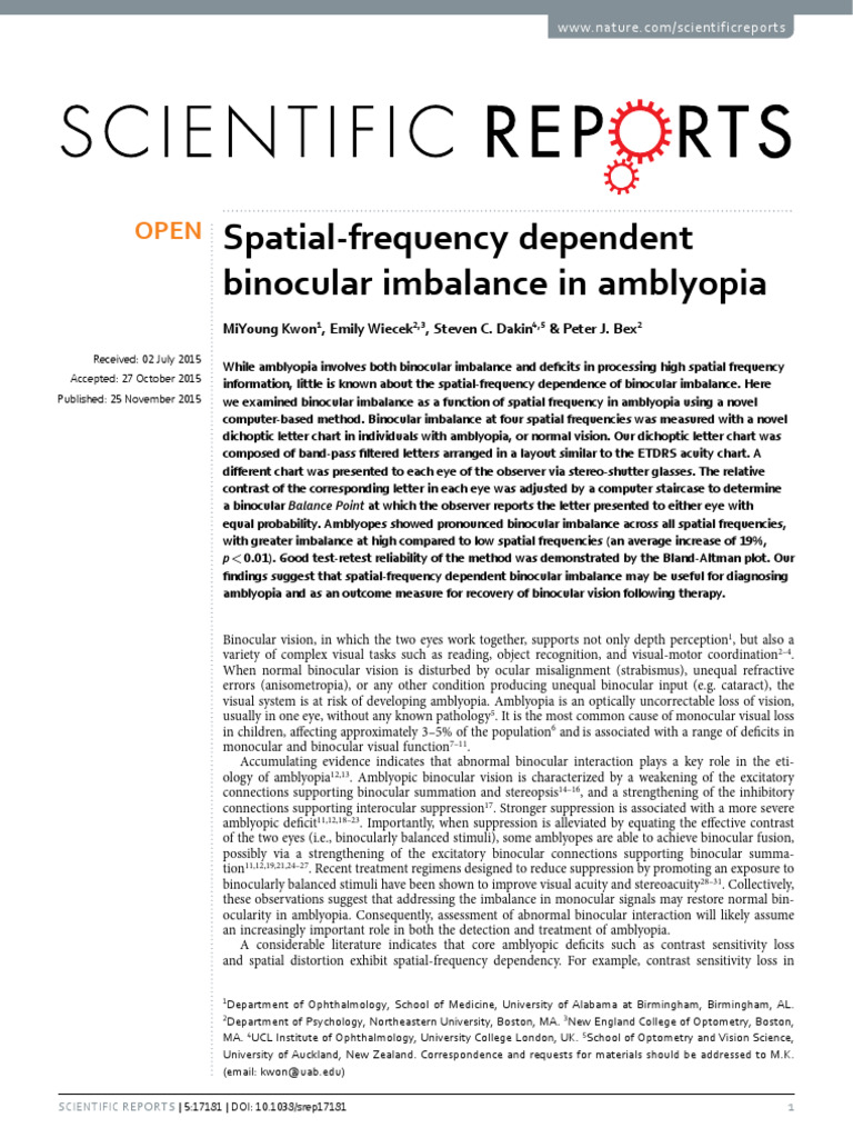 Amblyopia's Binocular Imbalance Study | PDF | Visual Acuity ...