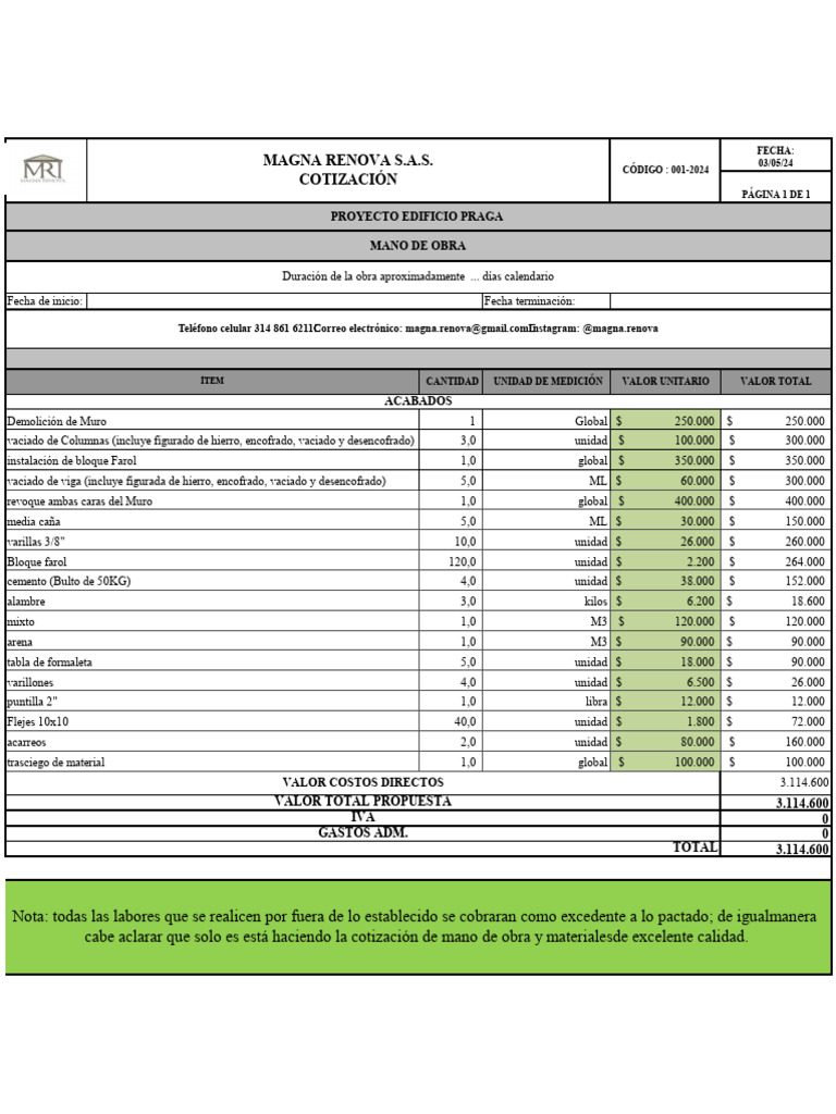 Cotización Reparación Muro Edificio Praga | PDF | Ingeniería estructural | Material compuesto