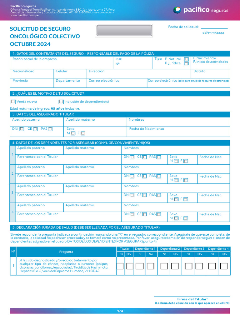 ¡Última versión! Solicitud Oncológico Colectivo. Octubre 2024 | PDF | Póliza de seguros | Seguro