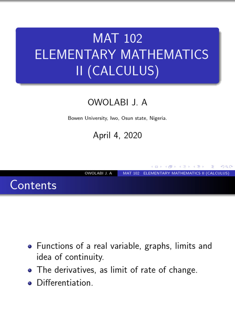 MAT 102: Calculus Course Outline | PDF | Function (Mathematics) | Equations