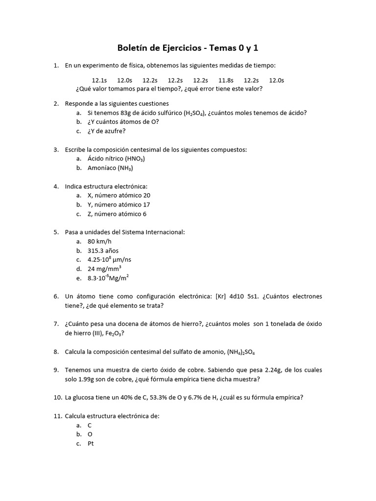 Tema 0-1 - Ejercicios | PDF | Protón | Átomos