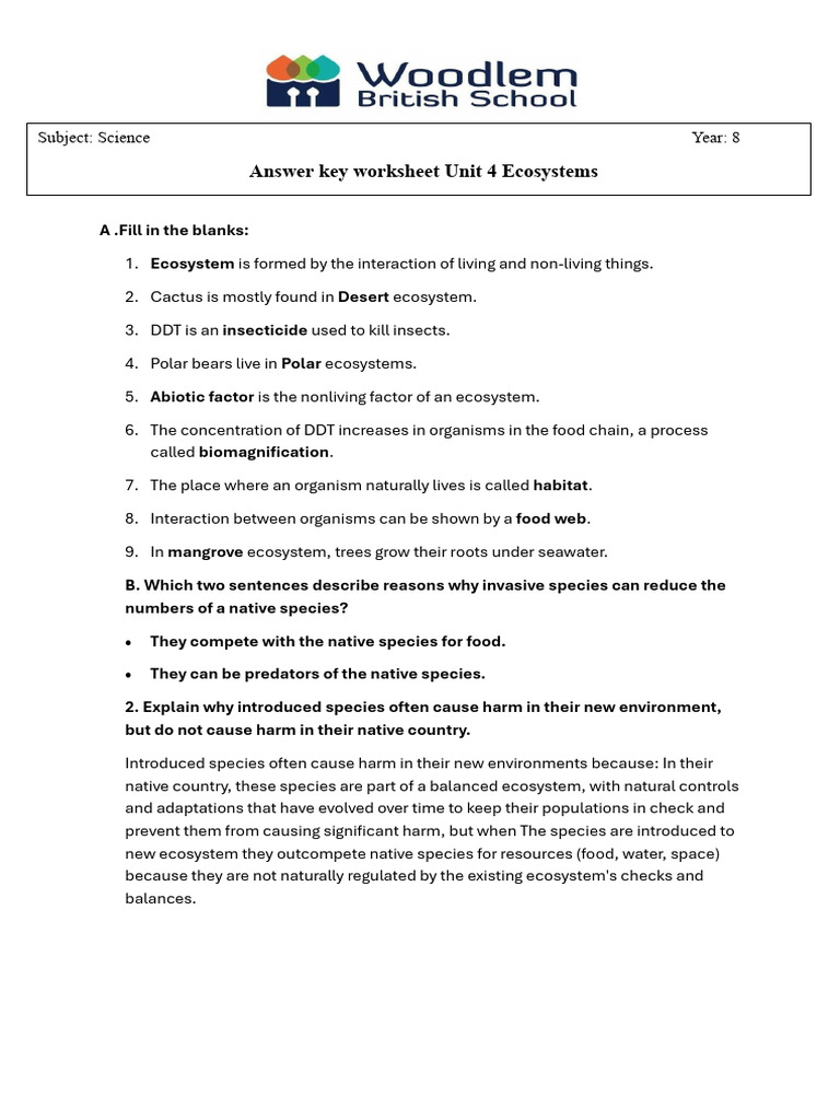 Answer Key Worksheet Unit 4 Ecosystems | PDF | Foods | Ecosystem