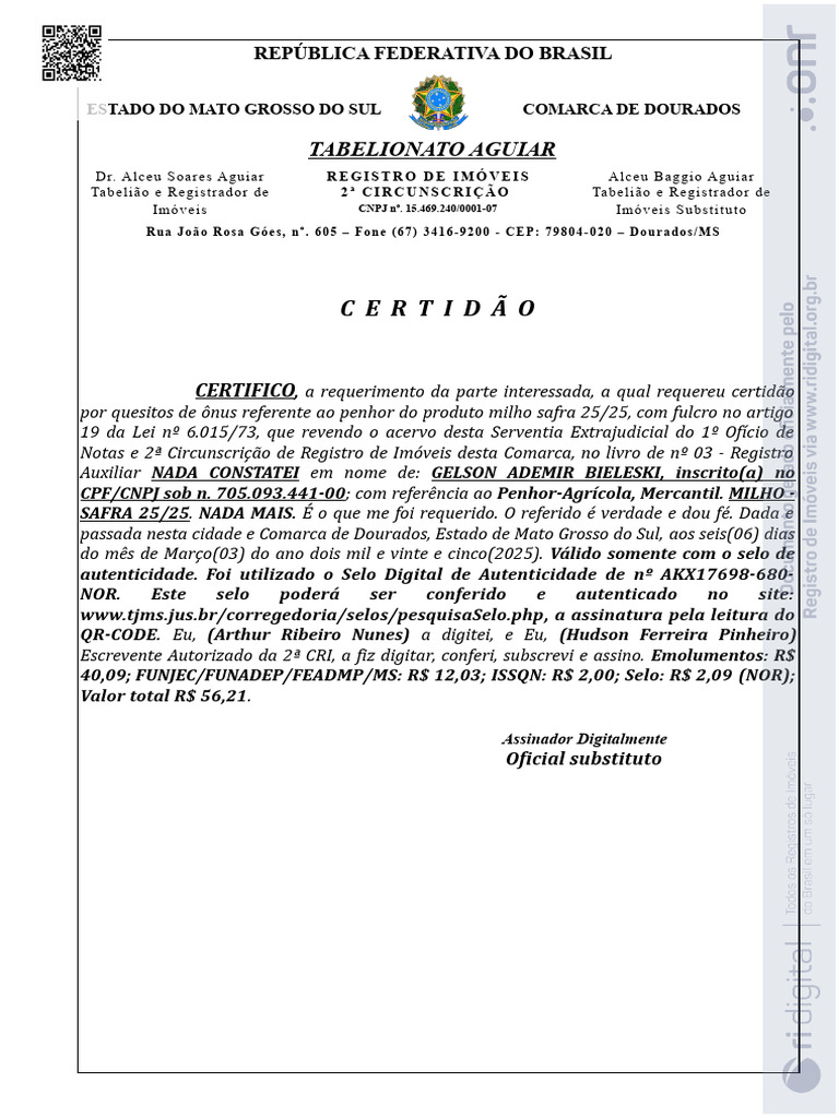 Certidão de Penhor de Safra 25/25 | PDF