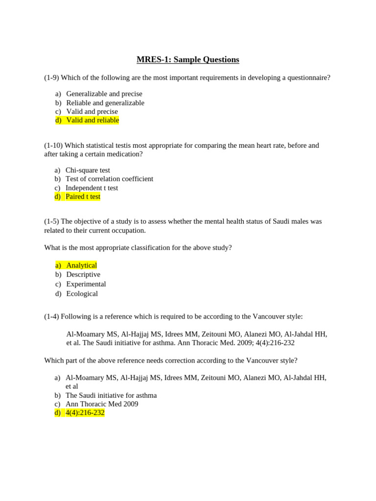 MRES-1 Sample Qs Answers B18 | PDF | Sampling (Statistics) | Student's ...