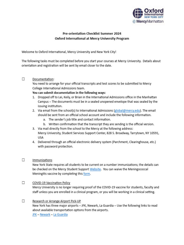 Pre Arrival Checklist Summer 2024 (1) | PDF | Immunology | Vaccination