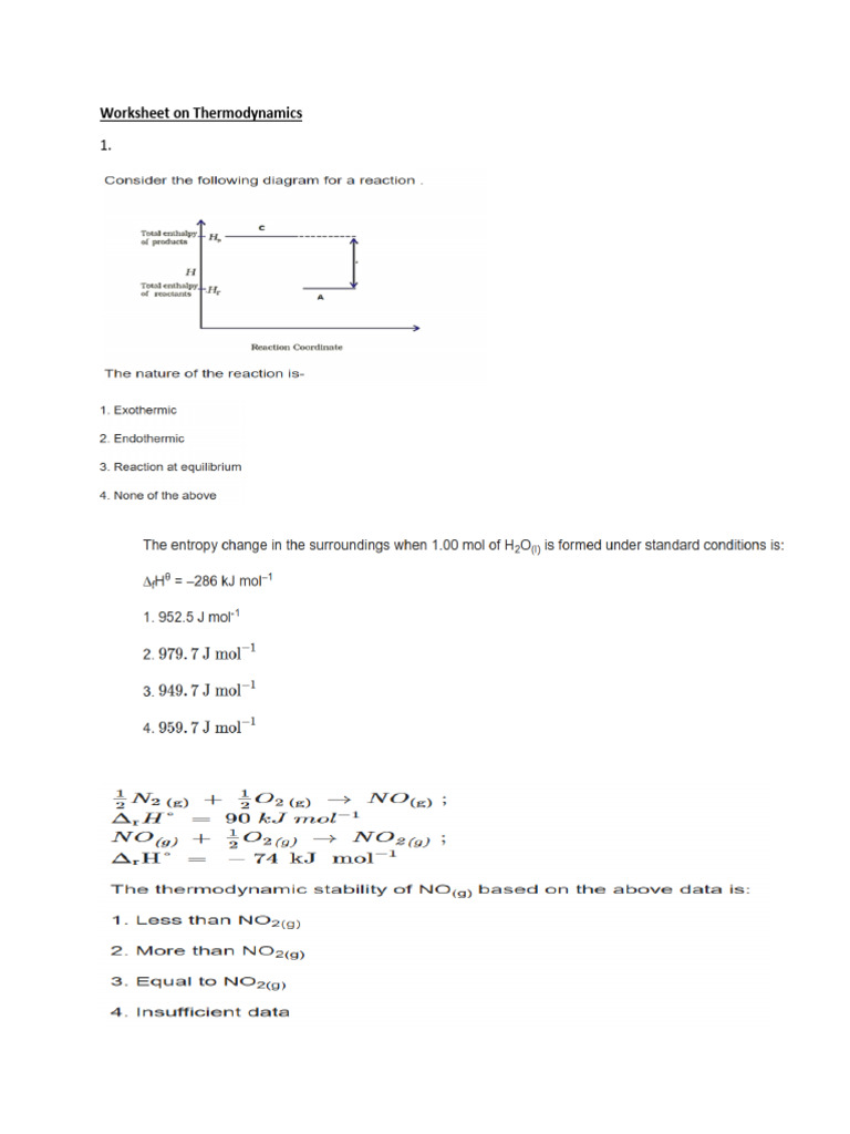 Thermodynamics Worksheet Exercises | PDF