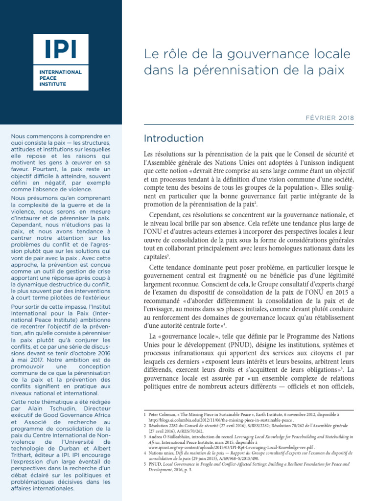 Gouvernance locale et paix durable | PDF | Développement durable | Paix
