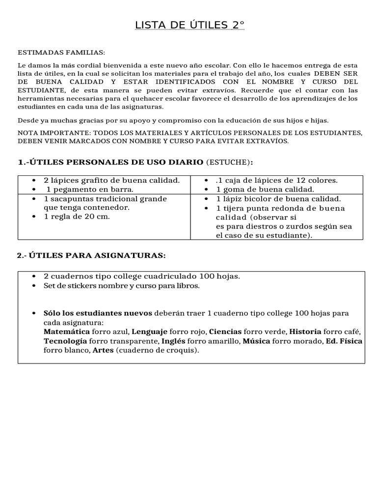Lista de Utiles 2B 2024 | PDF | Lápiz | Materiales de Conservación y ...