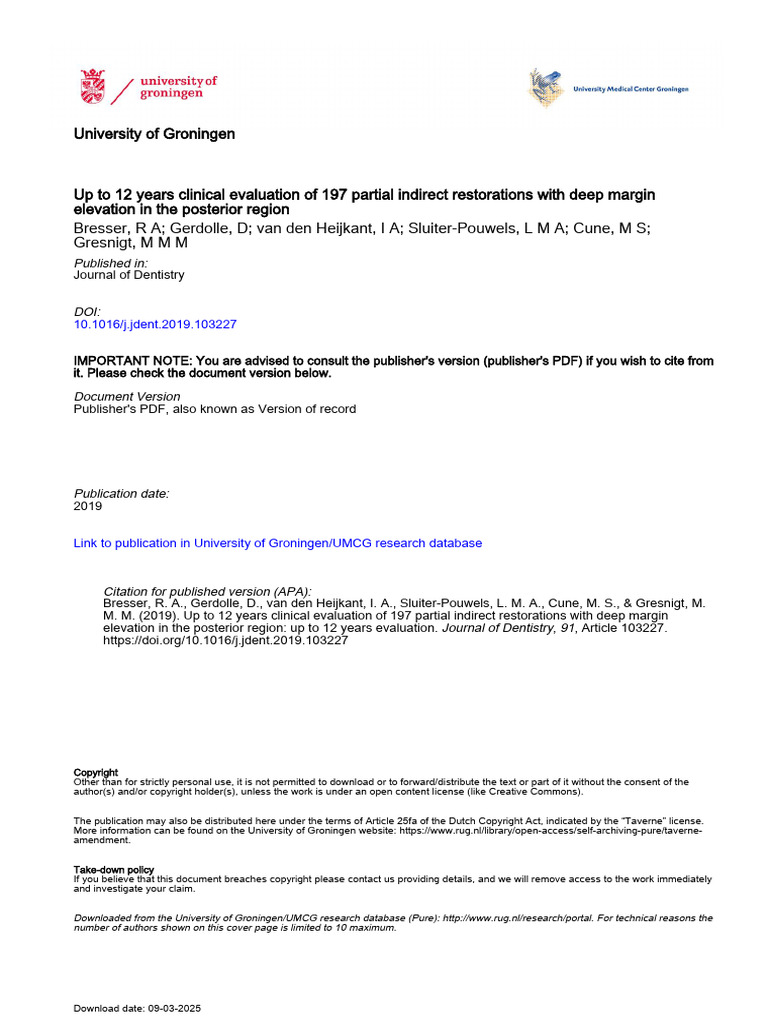 Up To 12 Years Clinical Evaluation of 197 Partial Indirect Restorations With Deep Margin ...