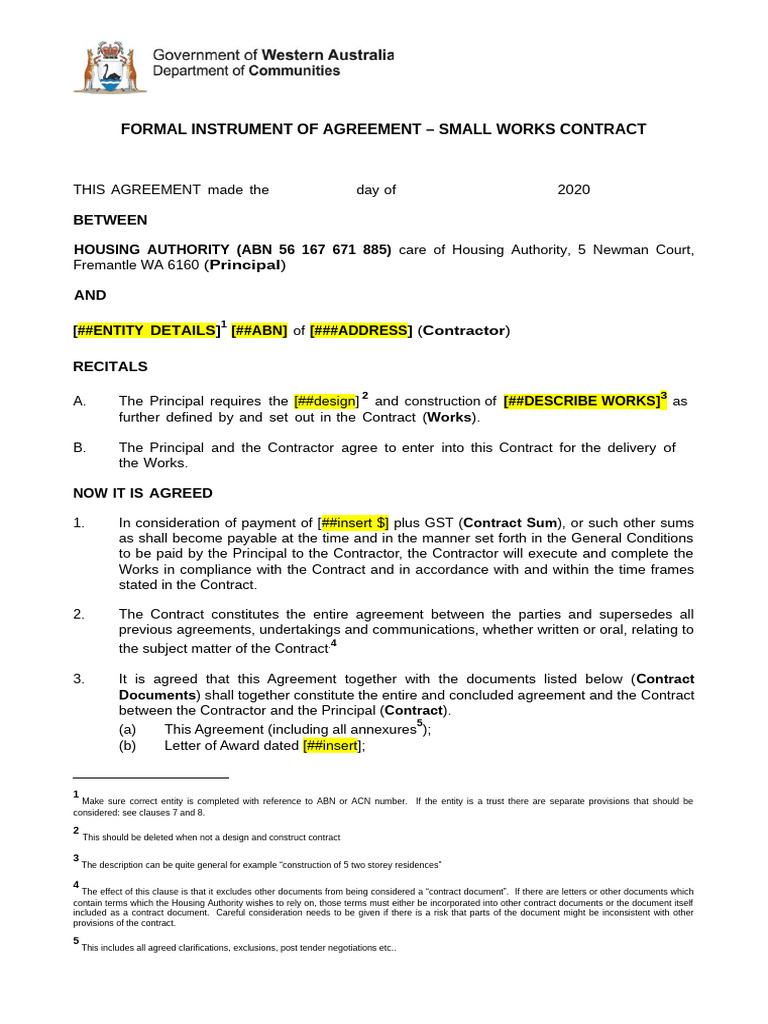 Formal Instrument of Agreement Small Works Contract 29.4.22 | PDF ...