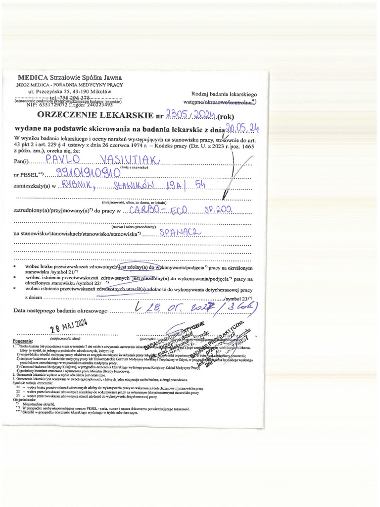 Orzeczenie Lekarskie | PDF