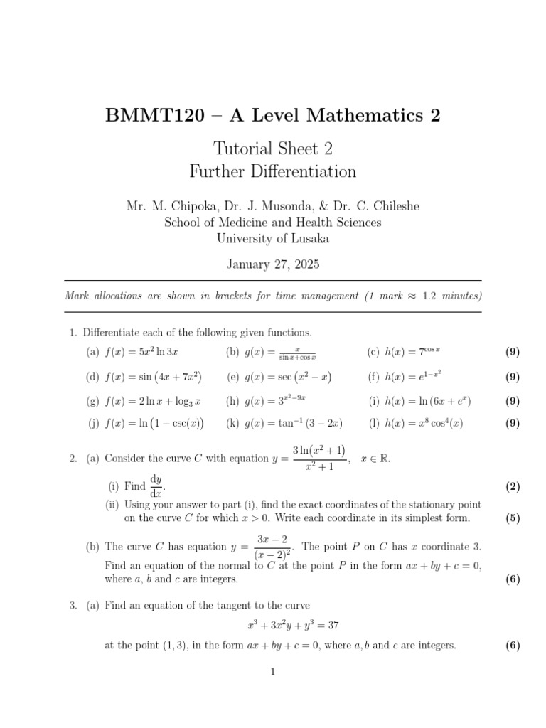 BMMT120 Tutorial Sheet 2 | PDF | Equations | Mathematical Analysis