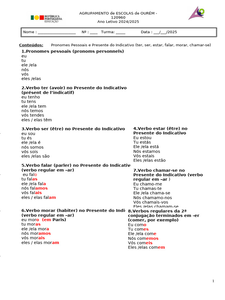 Pronomes e Verbos no Presente | PDF | Linguística | Morfologia linguística