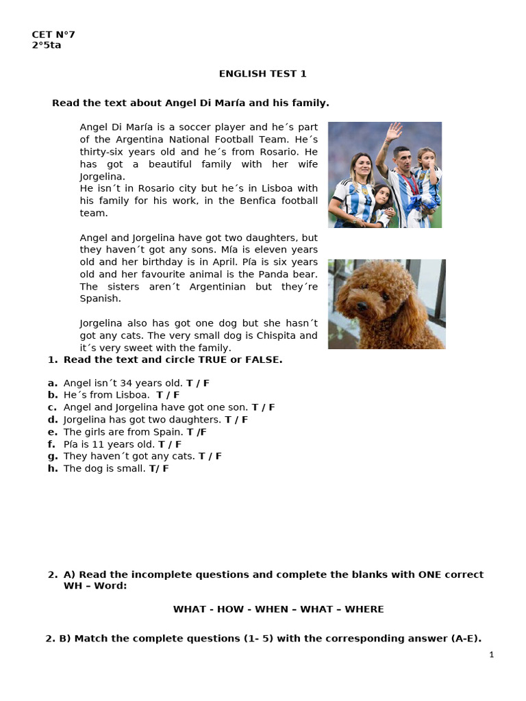 English Test on pronouns, verb to, WH questions | PDF | Syntax ...