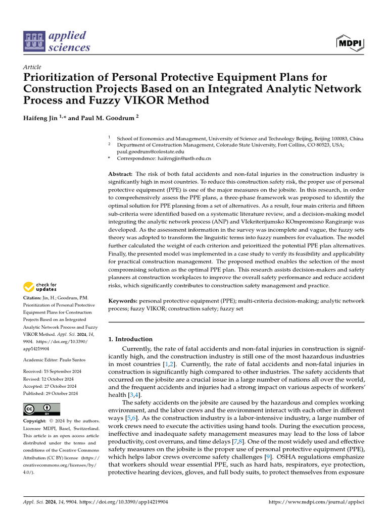 Prioritization of Personal Protective Equipment Plans for Construction Projects Based on an ...