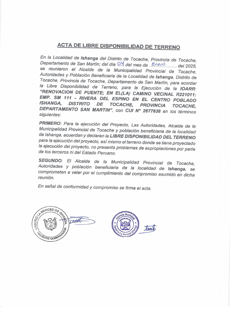 Acta de Libre Disponibilidad de Terreno | PDF