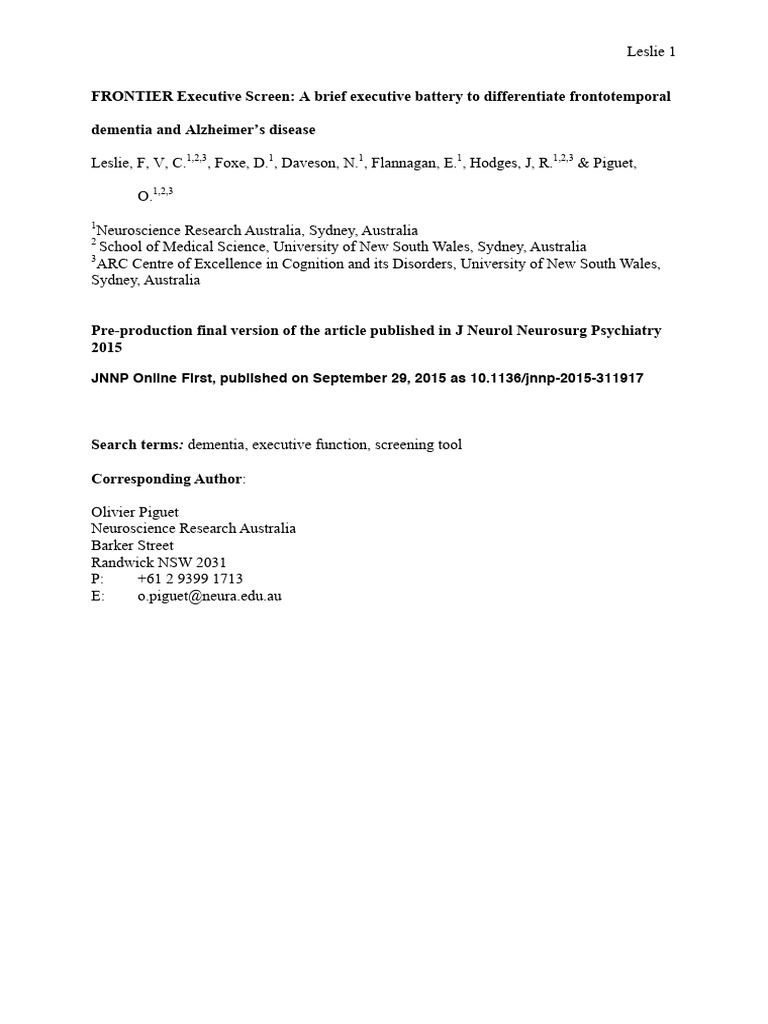 Frontier Executive Screen Paper | PDF | Dementia | Executive Functions