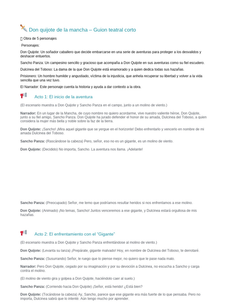 Guion teatral corto: Don Quijote de la Mancha | PDF | Don Quijote
