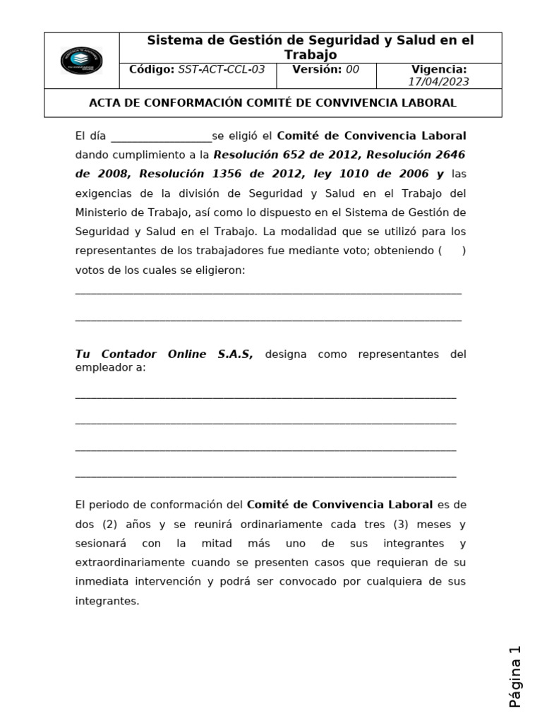 SST-ACT-CCL-03-Acta de Conformación Comité de Convivencia Laboral V0 ...