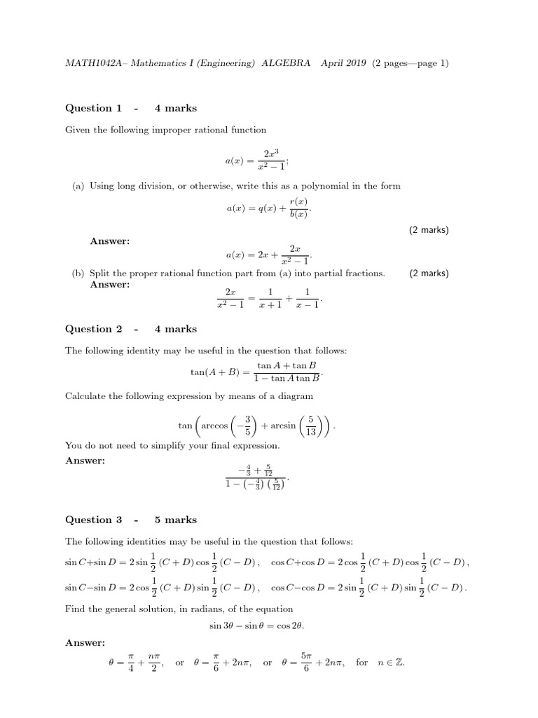 Algebra Questions for Engineering Math | PDF | Equations | Mathematical ...