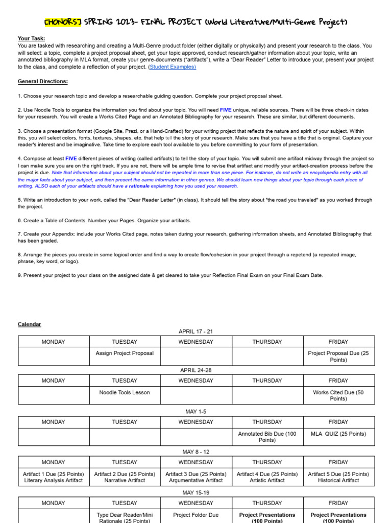 (HONORS) SPRING 2023 - FINAL PROJECT (World Lit - Multi-Genre Project ...