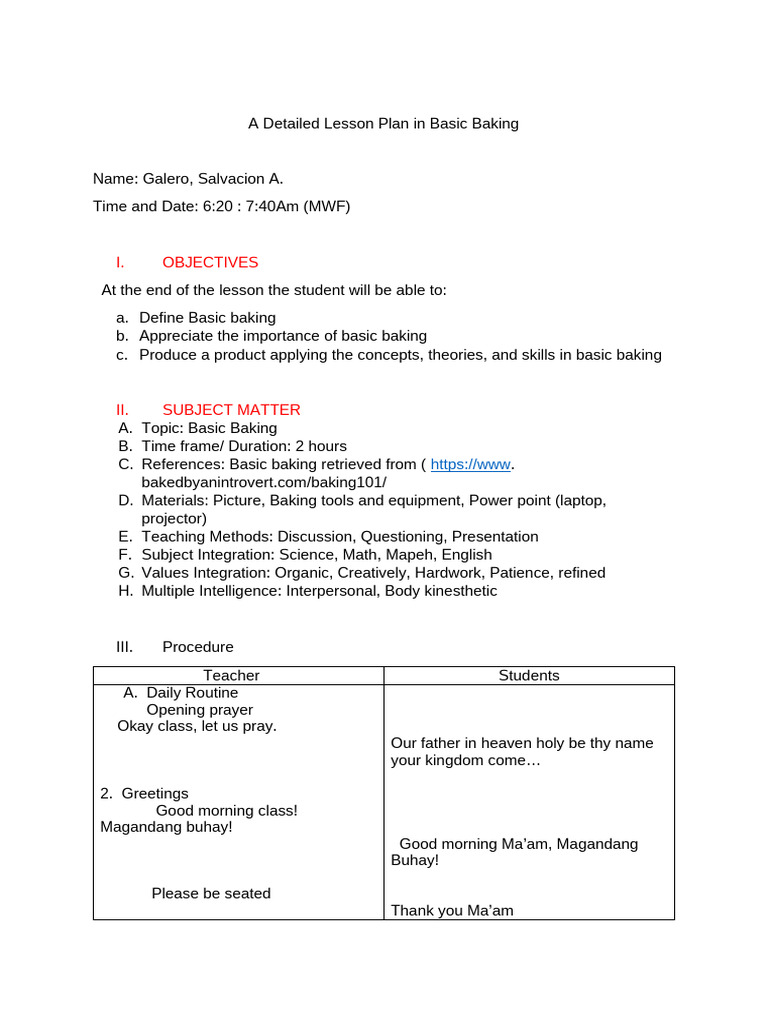 Basic Baking Lesson Plan Overview | PDF