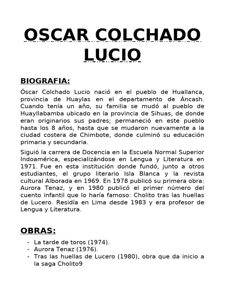 Biografía De óscar Colchado Lucio Pdf