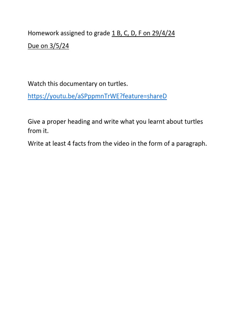 Grade 1 Turtle Homework Assignment | PDF