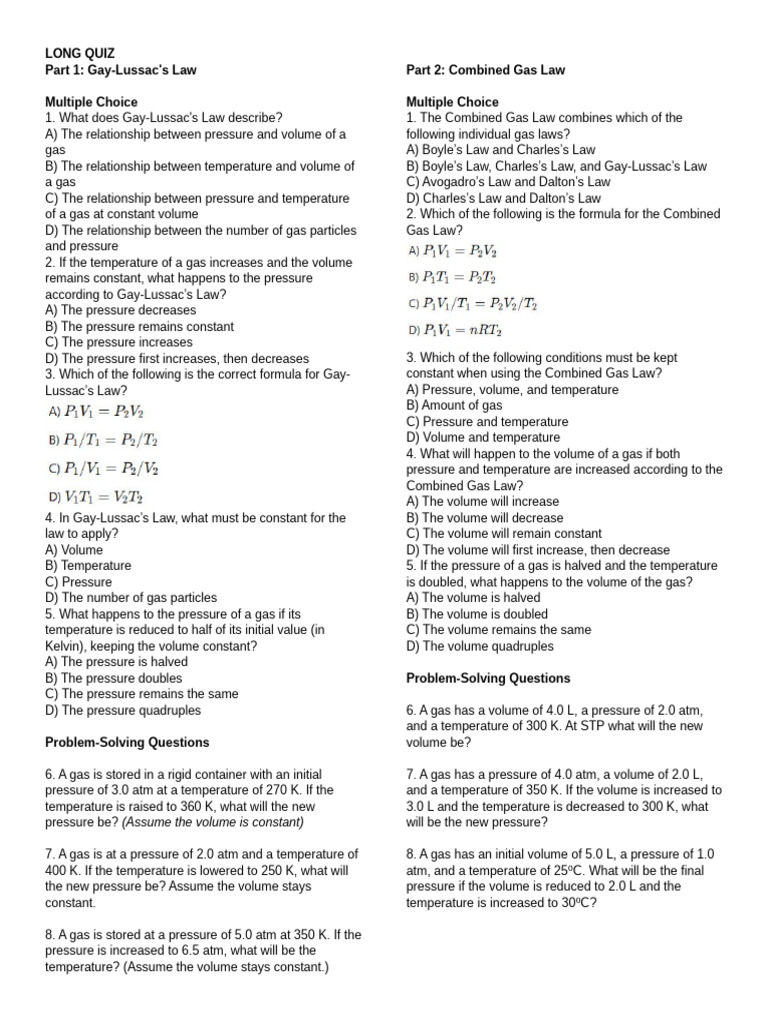 Long Quiz Gay-Lussac and Combined Gas Law | PDF | Gases | Temperature