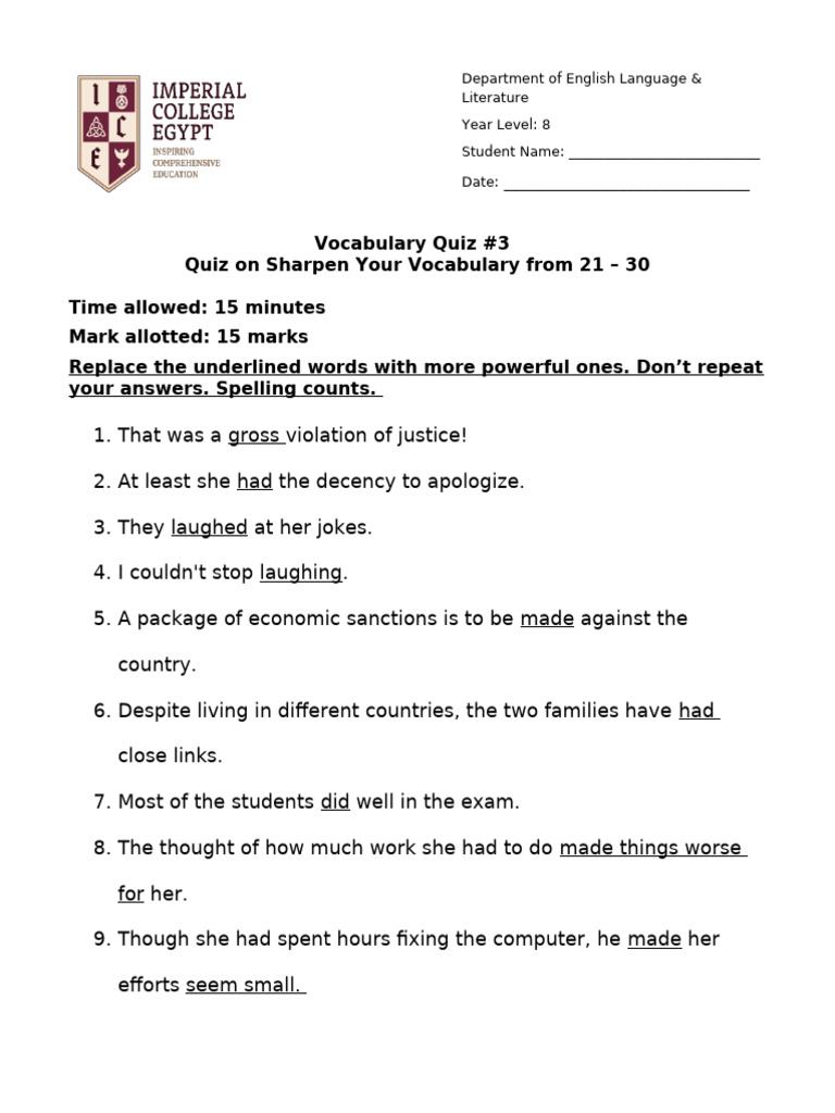 Vocabulary Quiz Section 3 | PDF