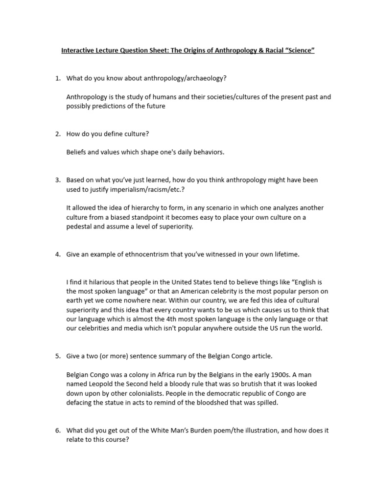 Question Sheet Foundations Lecture | PDF | Anthropology | Behavioural Sciences