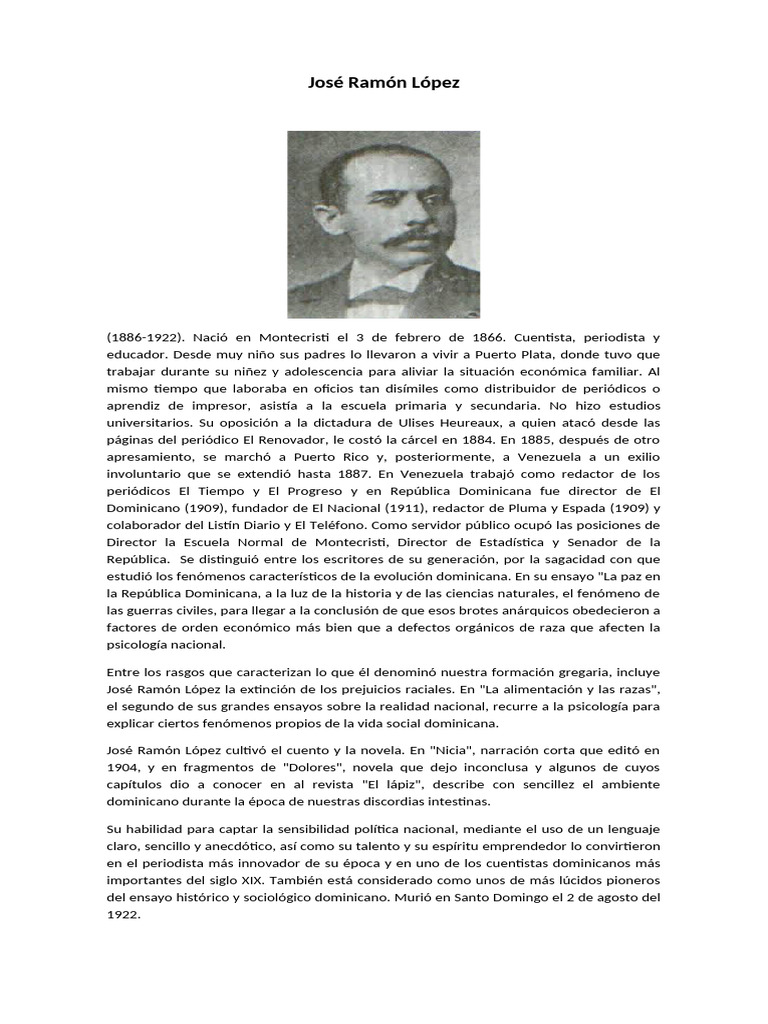 José Ramón López: Cuentista y Periodista Dominicano | PDF | República ...
