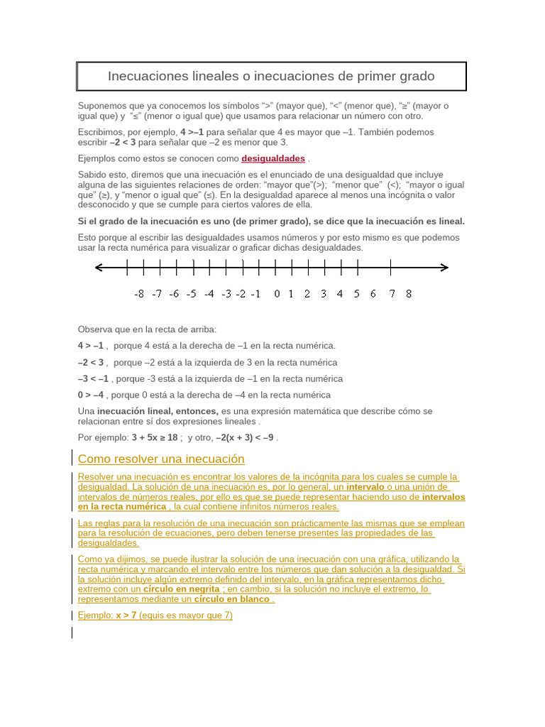 Inecuaciones Lineales o Inecuaciones de Primer Grado | PDF | Desigualdad (Matemáticas) | Matemáticas