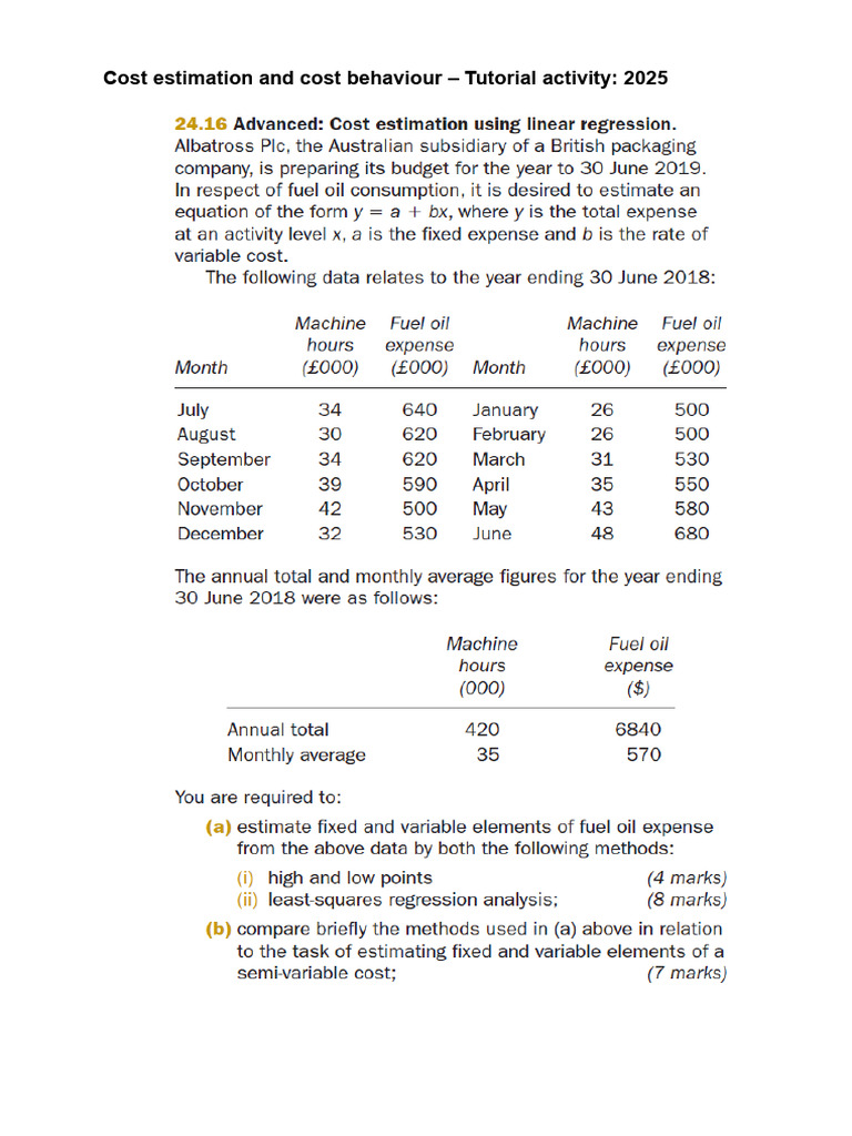 Cost Estimation and Cost Behaviour - Tutorial 24.16 (10th Ed.) | PDF