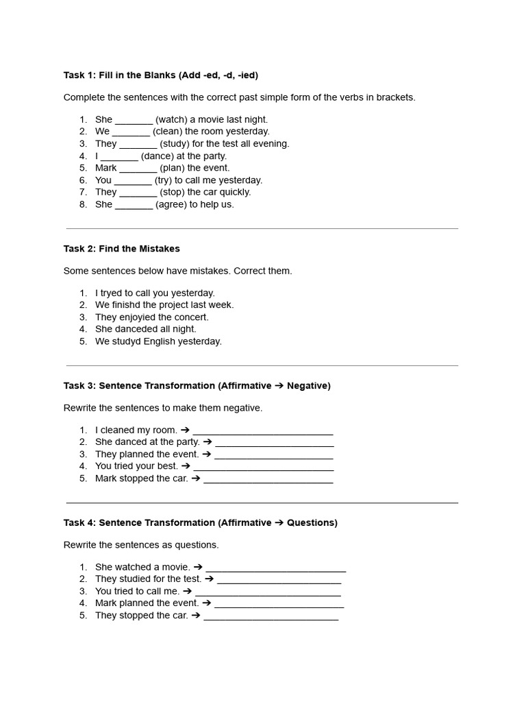 Task 1_ Fill in the Blanks (Add -ed, -d, -ied) | PDF