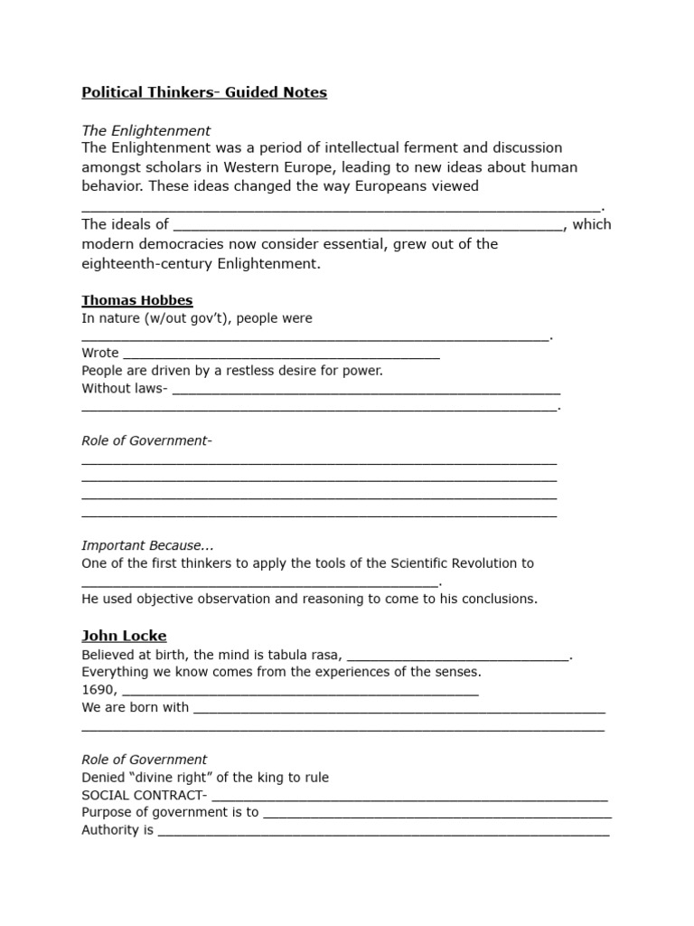 Political Thinkers - Guided Notes | PDF | Age Of Enlightenment ...