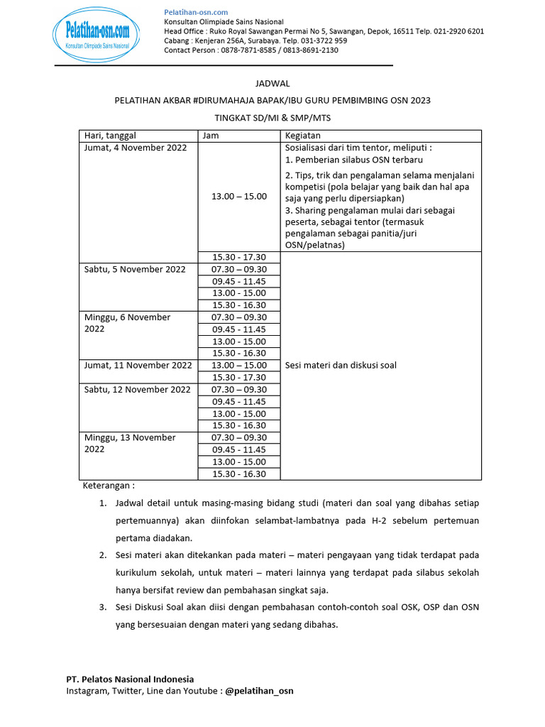 Pelatihan OSN 2023: Panduan dan Jadwal | PDF