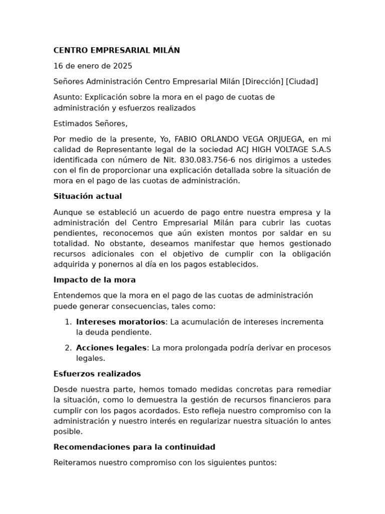 Comunicado Centro Empresarial Milan - Acj High Volateg Sas | PDF