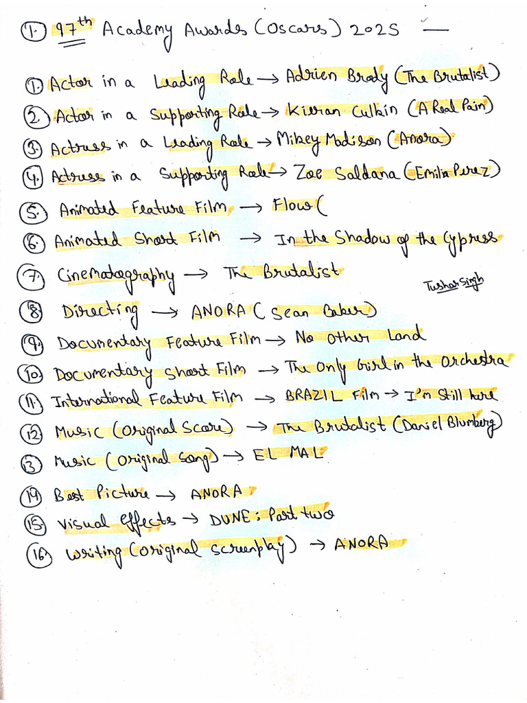 97th Academy Awards (Oscars) 2025 (Tushar) | PDF