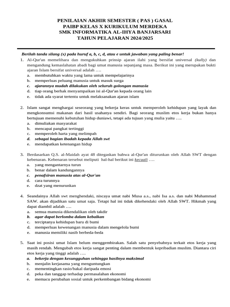614936808-Soal-PAS-PAI-Semester-Ganjil-Kelas-X-Merdeka | PDF