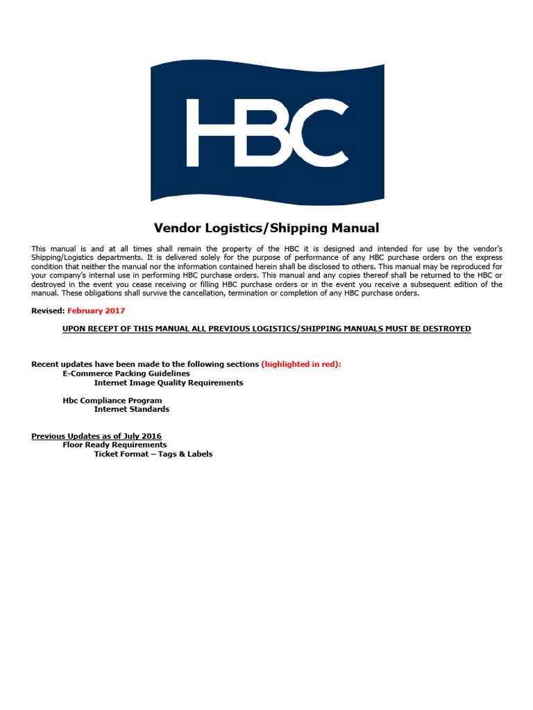 HBC Domestic Vendor Shipping Manual February 2017 | PDF | Electronic ...