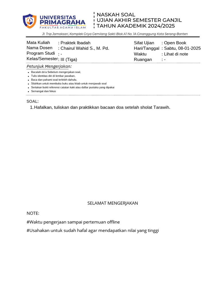 Soal UAS_Praktek Ibadah Semeter ganjil 2024-2025 | PDF