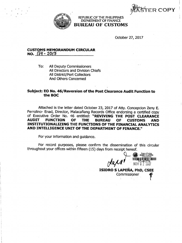CMC 179 2017 EO No. 46 Reversion of The Post Clearance Audit Function ...